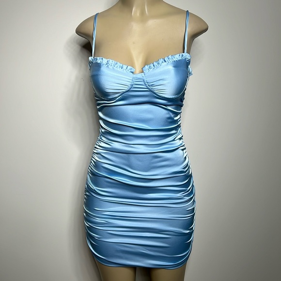 Cider | Dresses | Cider Medium Baby Blue Ruched Satin Dress | Poshmark